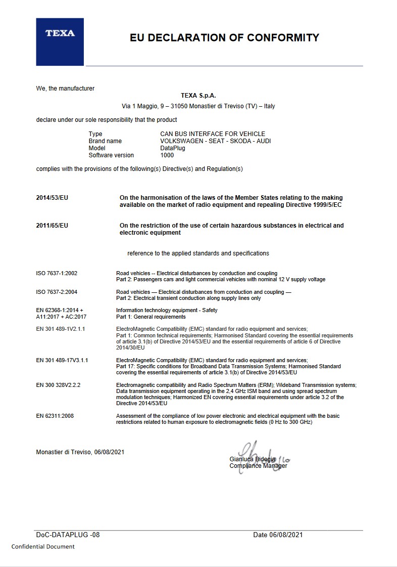 Declaration de Conformite DataPlug - TEXA